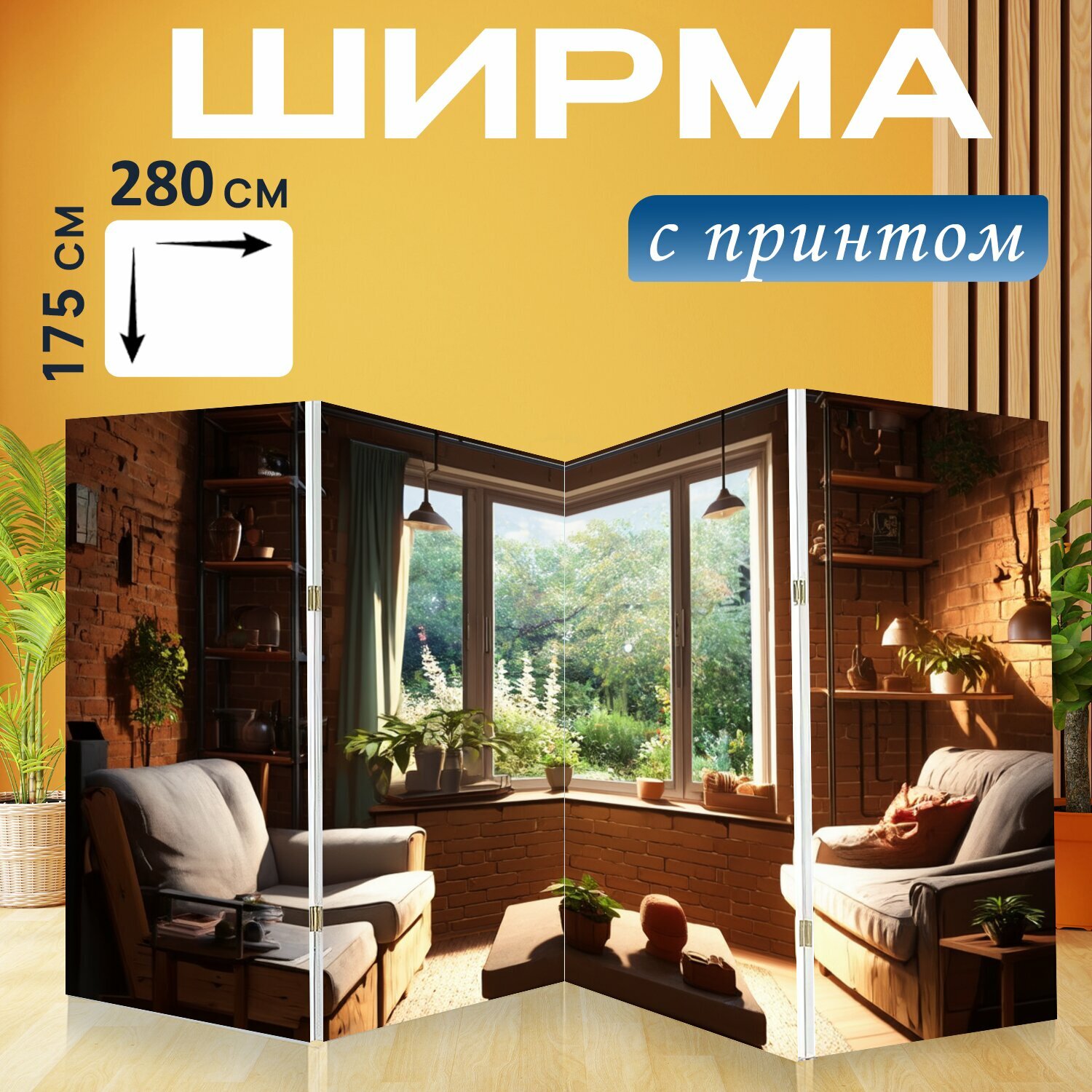 Ширма "Лофт с интерьером, насыщенным текстурами: кирпичные стены, металлические стеллажи, старая деревянная мебель" перегородка для зонирования комнаты с принтом 280x175 см. на холсте