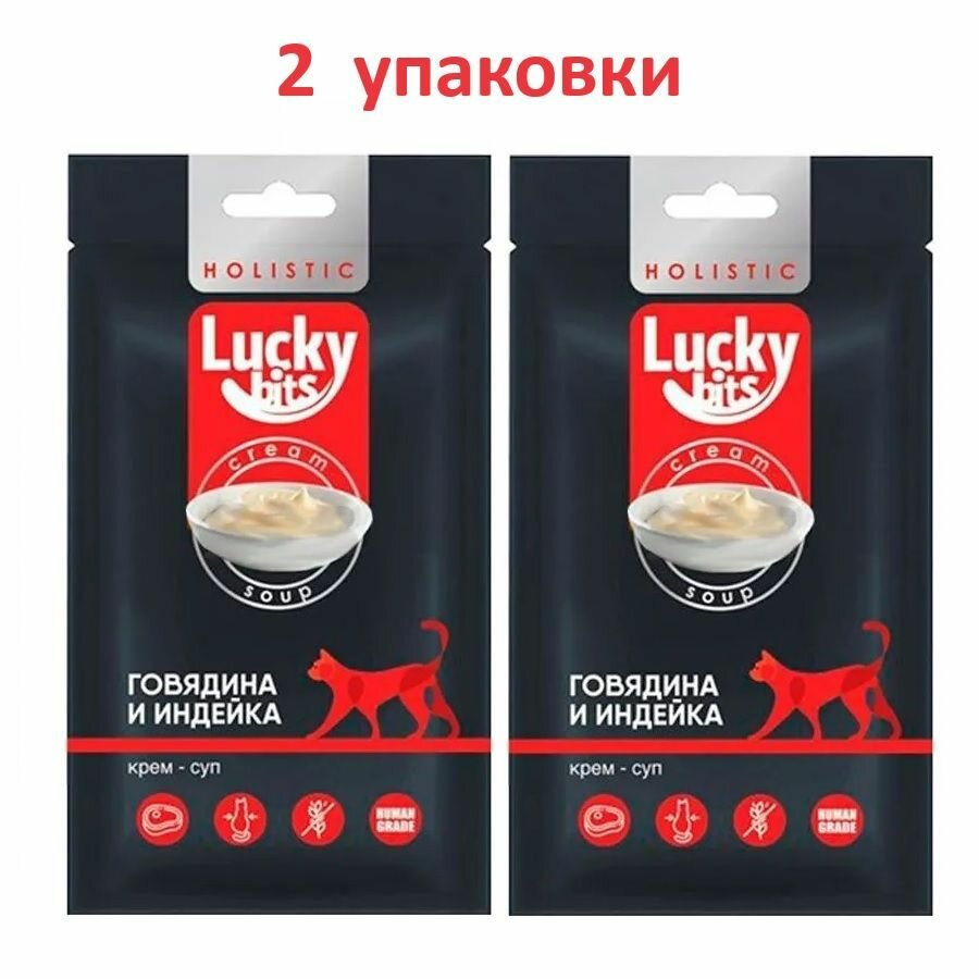 Лакомство для кошек Lucky bits крем-суп из филе говядины и индейки, 2 упаковки 5х20 г