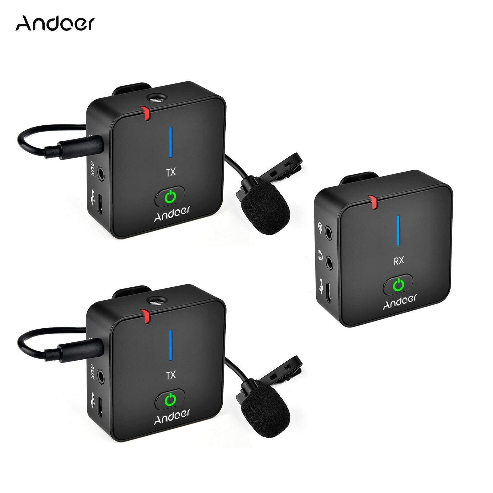 Беспроводная записывающая микрофонная система Andoer MX5 2.4G (1 Reveiver + 2 передатчика)