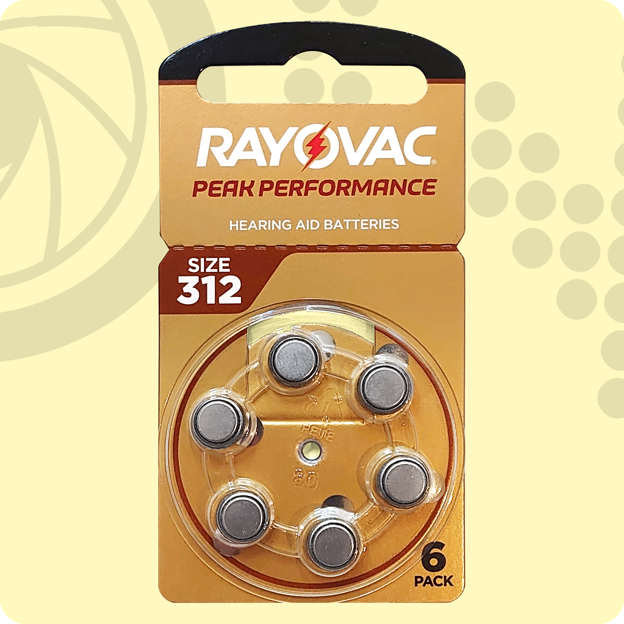 Rayovac 312 Коричневый (ZA312) | Peak, 1.45 Вольт, Воздушно-цинковые (ZincAir) батарейки для слуховых аппаратов - 6шт