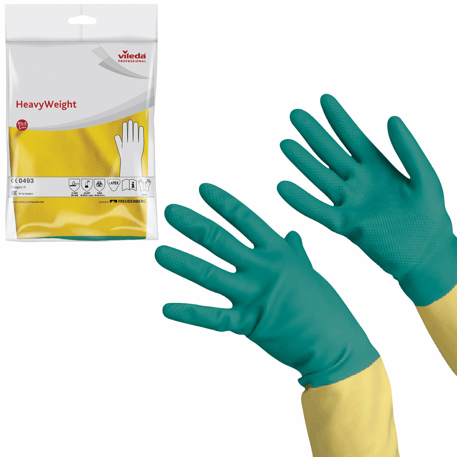 Перчатки резиновые Vileda латекс, с напылением, зелено-желтые, L (латекс неопрен)