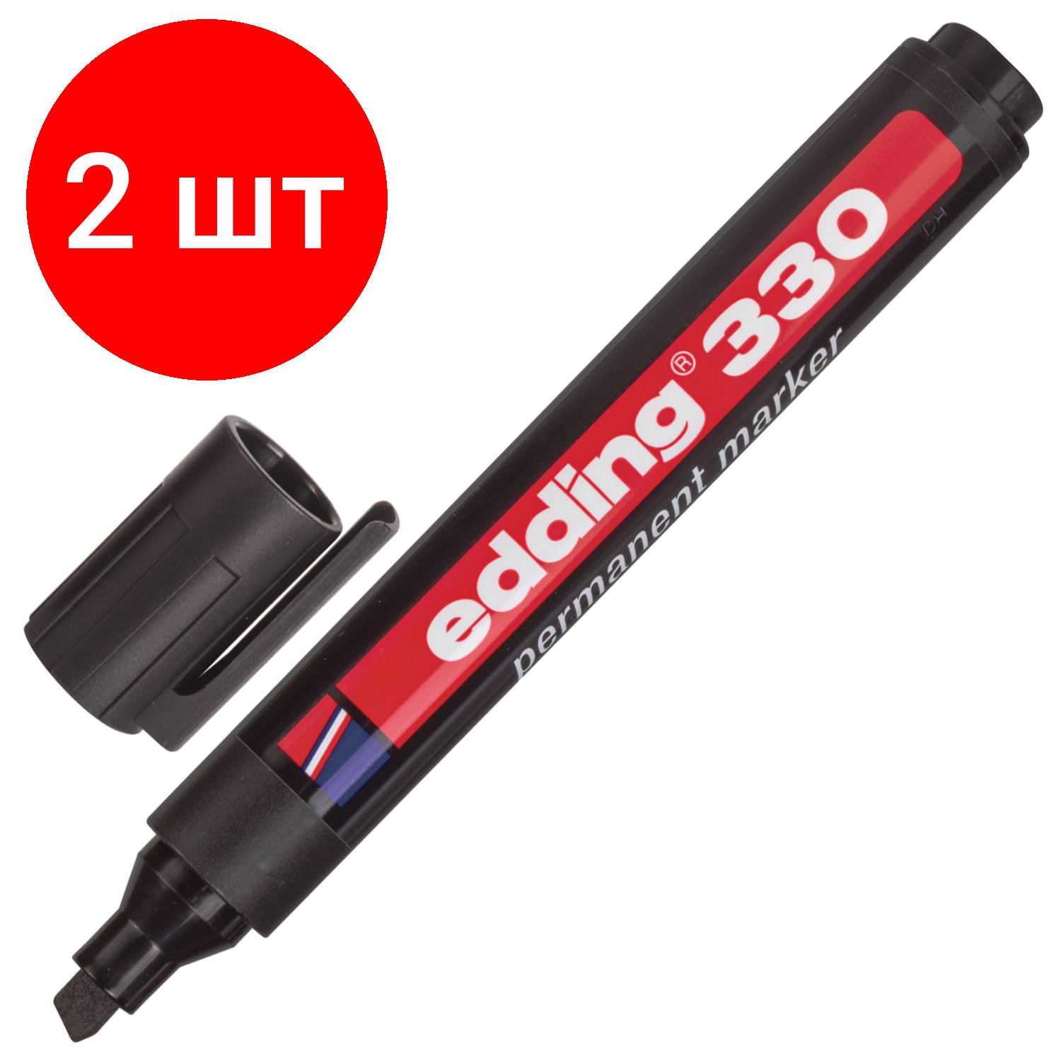 Комплект 2 шт, Маркер перманентный (нестираемый) EDDING 330, черный, скошенный наконечник, 1-5 мм, E-330/1