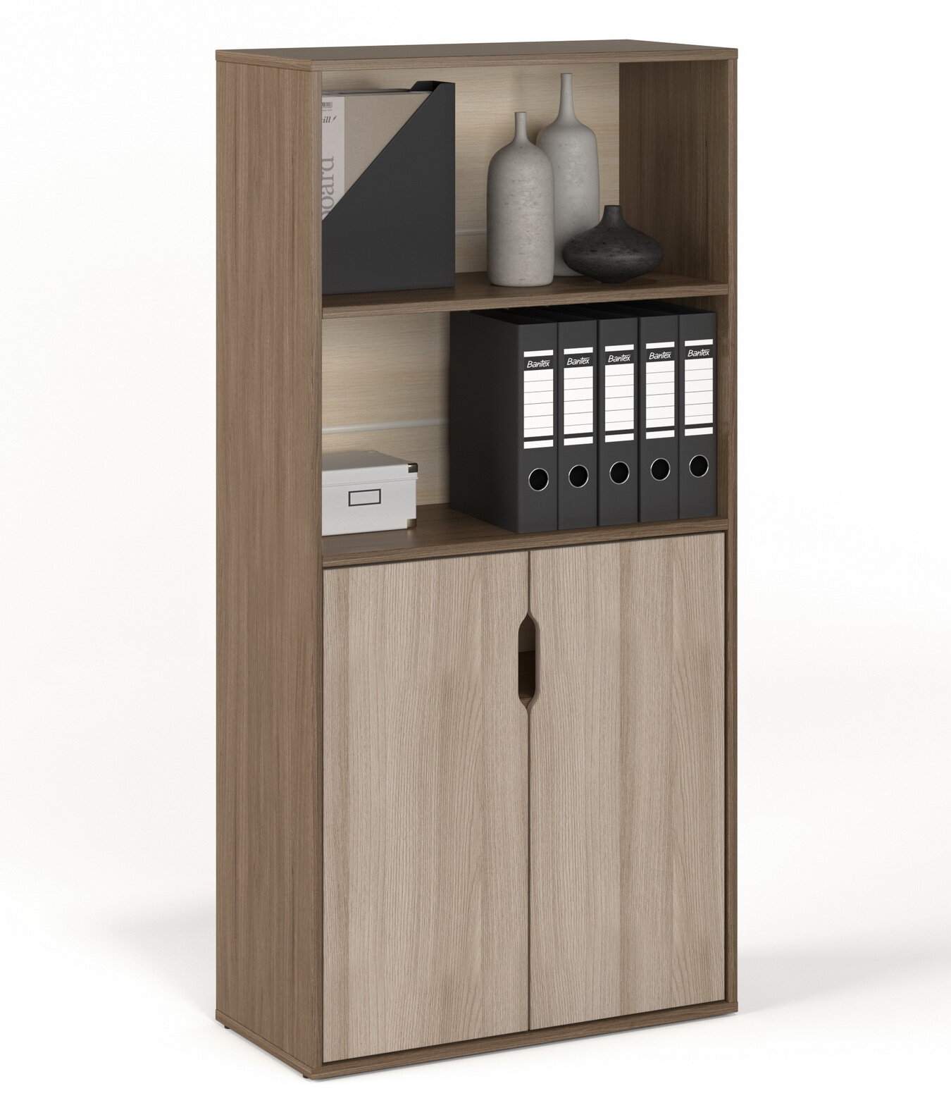 Стеллаж БАНГА-24 Ясень темный - Ясень светлый, с дверками и отрытой полкой, (ВхШхГ) 142,6х69,8х32,6 см, ЛДСП