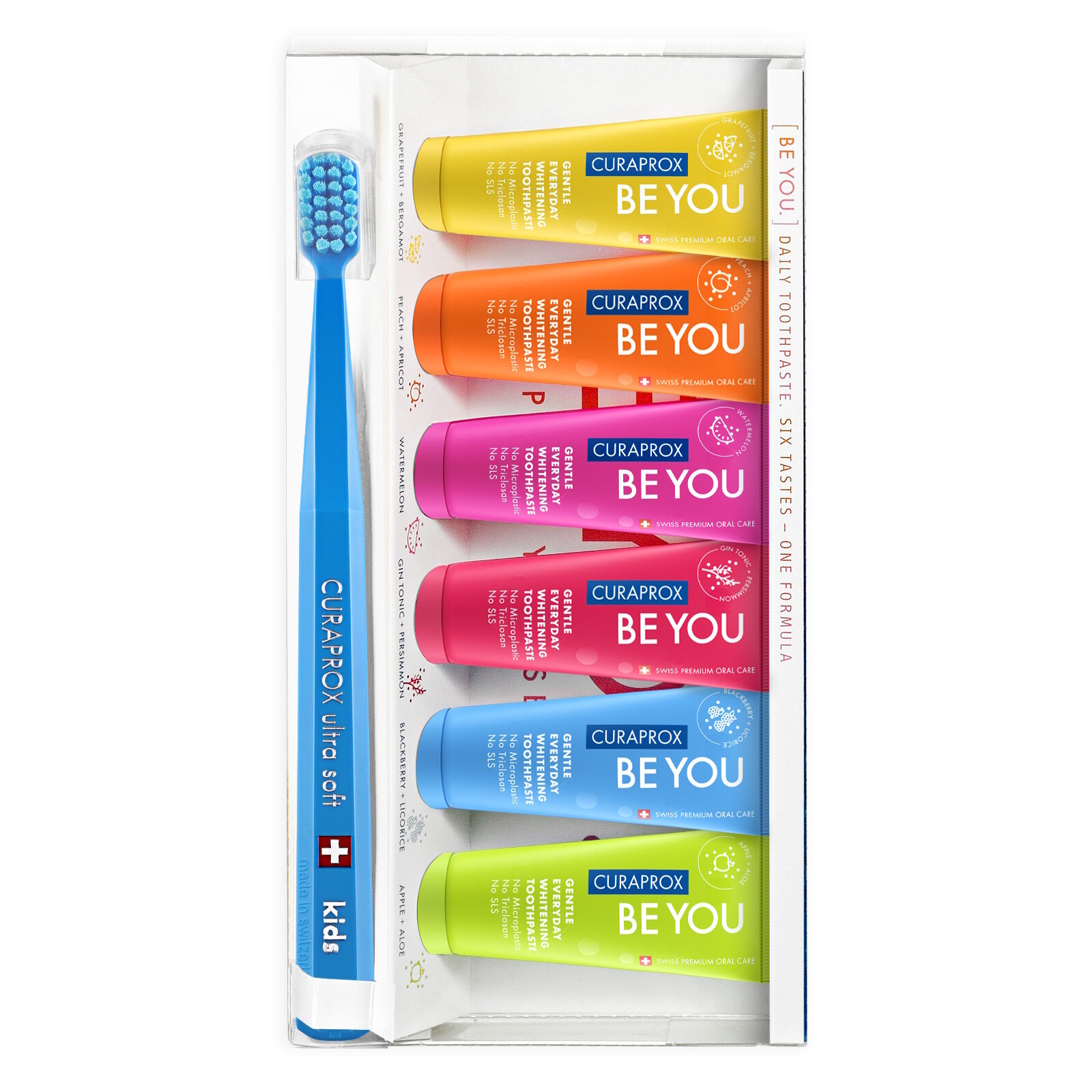 BE YOU Набор зубных паст Шесть вкусов, 6х10 ml + Зубная щетка Kids (синяя)