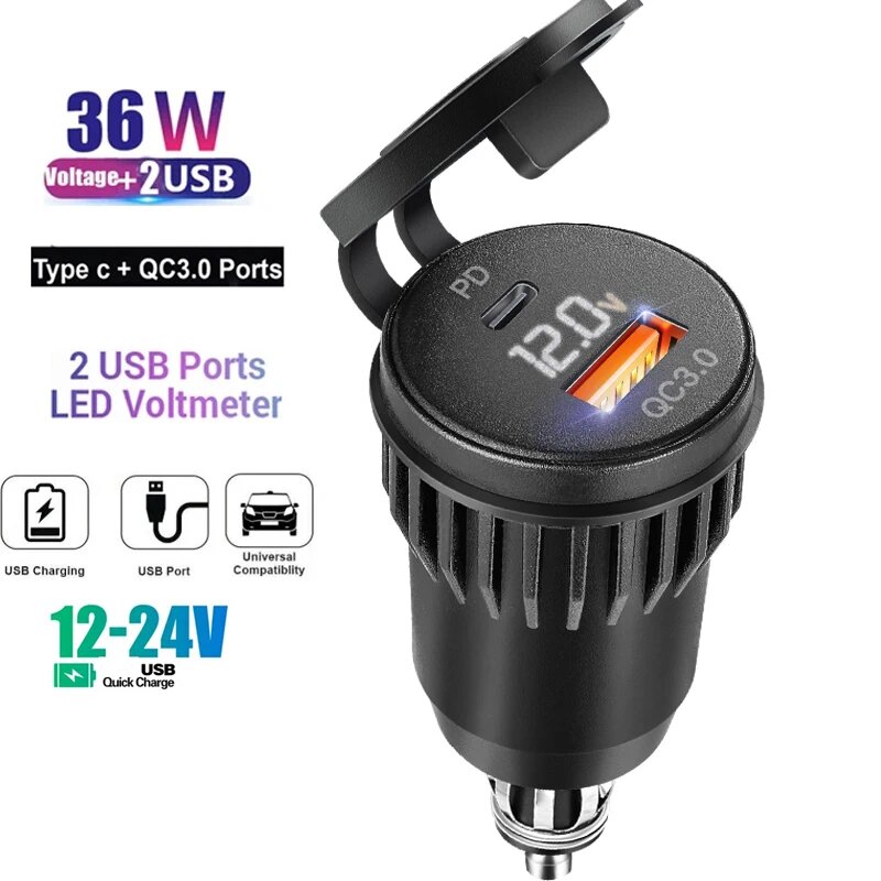 Автомобильный адаптер USB Type C QC3.0 PD 36W, 12-24V, Voltmeter