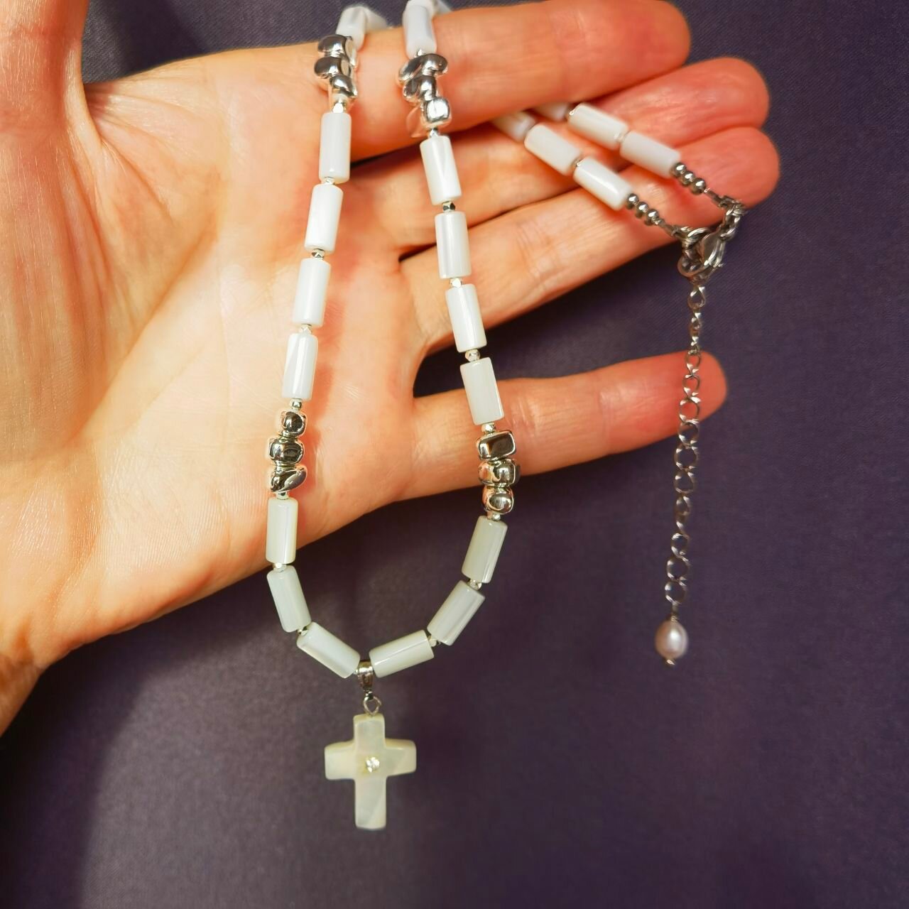 Колье, гематит, перламутр