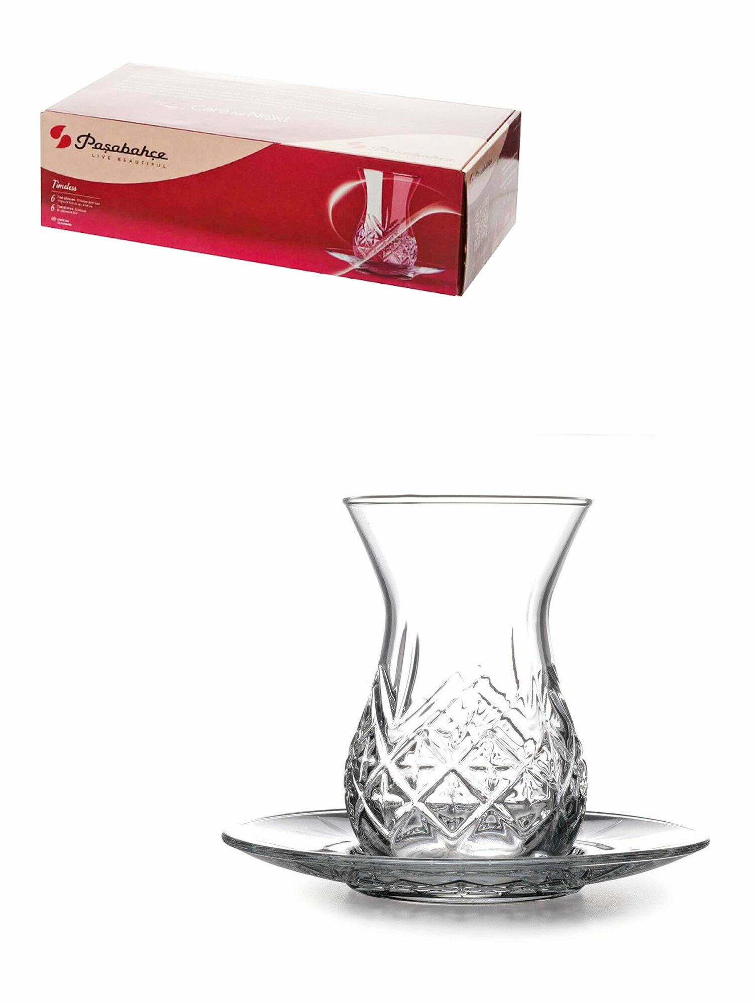 Турецкие стаканы с блюдцами (армуду) для чая, "Pasabahce", Timeless (950094), набор для чая на 6 персон (12 предметов), 170мл.
