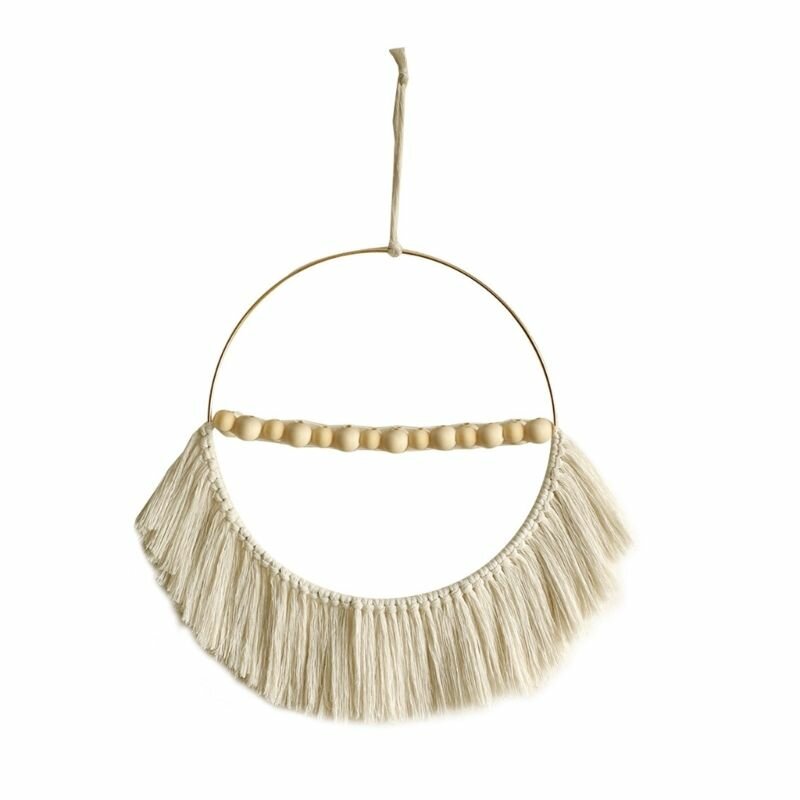 Большое круглое настенное украшение макраме с ручным плетением хлопковых кистей и деревянных бусин для сухих цветов