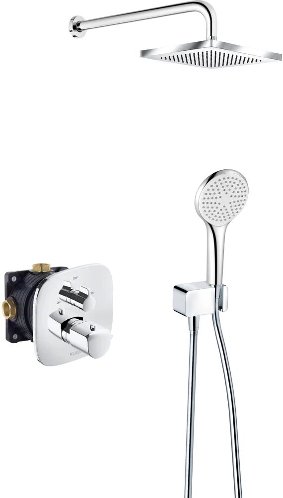 Душевой комплект Kludi Ameo 5 в 1 418310575 3 в 1, встраиваемый, с внутренней частью в комплекте, с термостатом, со смесителем, с тропическим душем, латунный, хром, глянцевый, душевая система