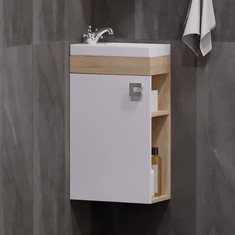 Тумба с раковиной Corozo Комо подвесная, 40 см, белая, светлое дерево, глянцевая, из МДФ, с дверками, раковина для ванной фарфоровая, прямоугольная