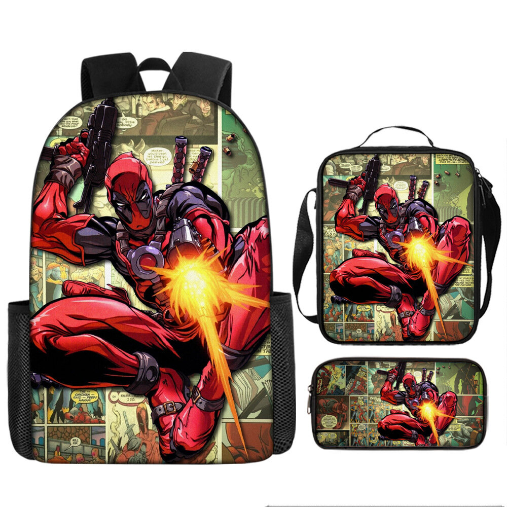 Новый трансграничный рюкзак Дэдпул с героями мультфильмов, большой вместительный рюкзак, сумка на плечо, чехол для ручек, комплект из трех предметов, дропшиппинг
