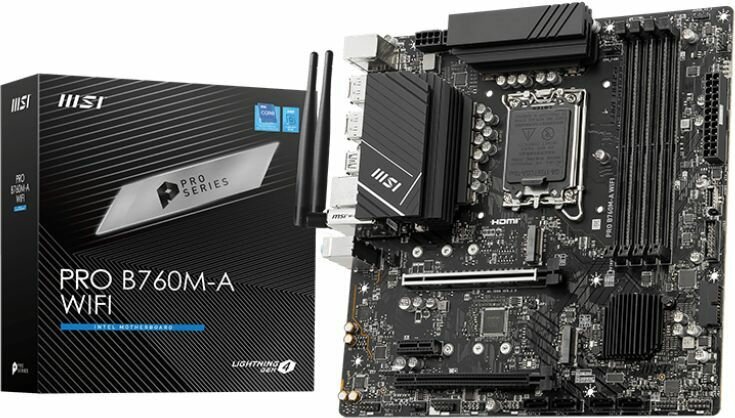 Материнская плата MSI PRO B760M-A WIFI Soc-1700 Intel B760 4xDDR5 mATX AC`97 8ch