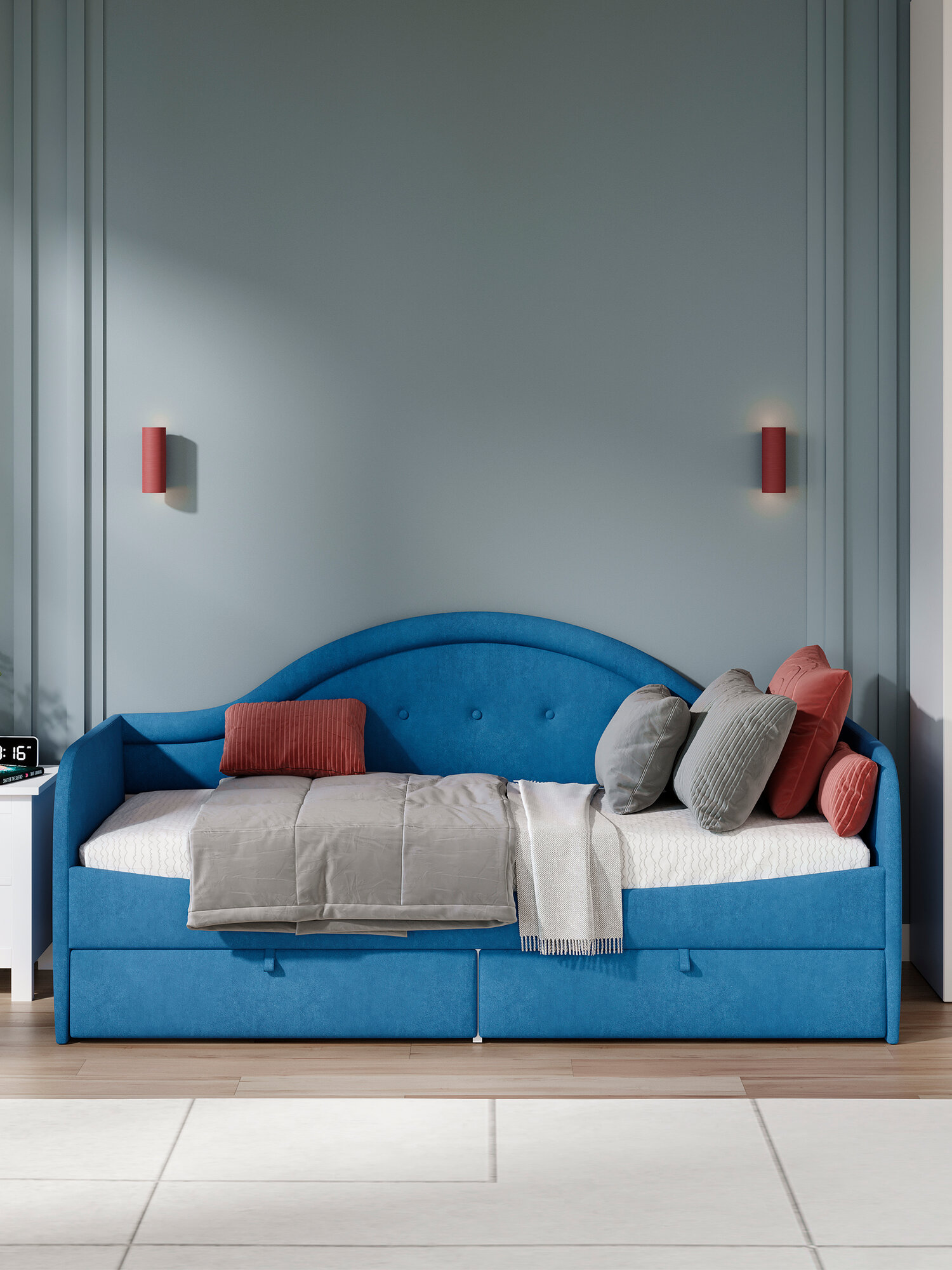 Кровать ТриЯ «Адель» односпальная с мягкой спинкой, Велюр Синий, 2 выдвижных ящика, 200×80 см, ЛДСП