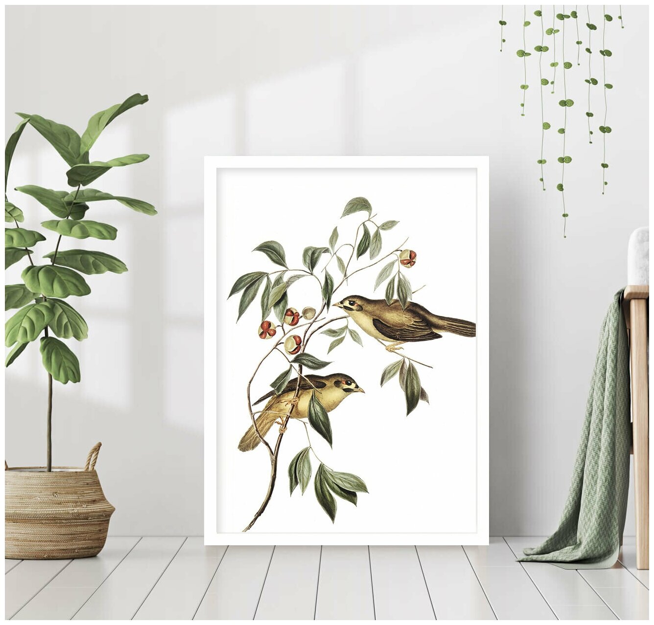 Постер "Птички на дереве" 40x50 в белой рамке на стену для интерьера