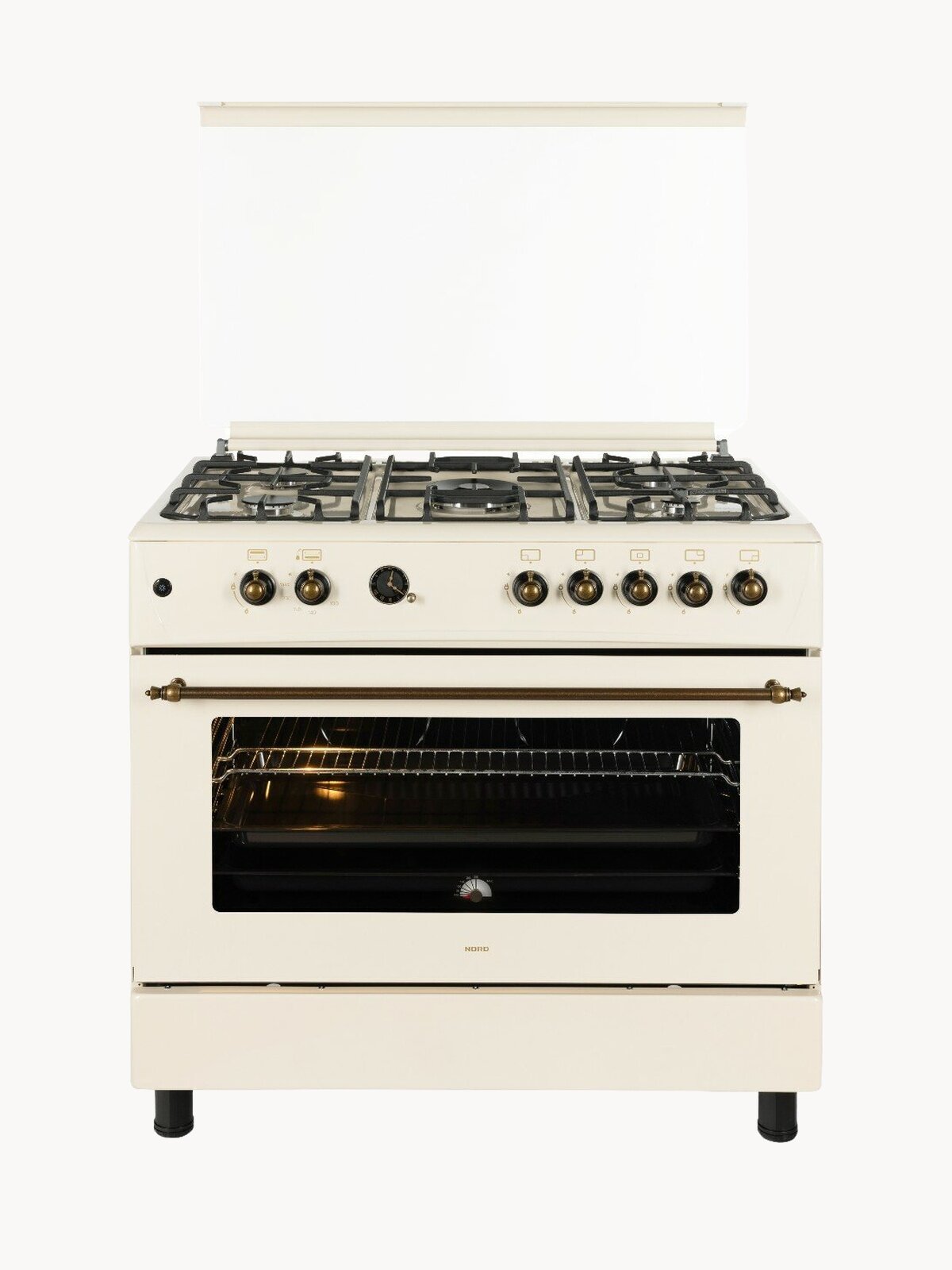Газовая плита NORD GG 9064 YR, 110 литров, авторозжиг, газ-контроль, WOK-конфорка, гриль, цвет бежевый