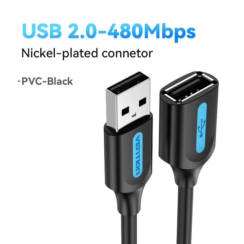 Vention USB 3.0 кабель удлинитель 2m, 480Mbps-PVC Black