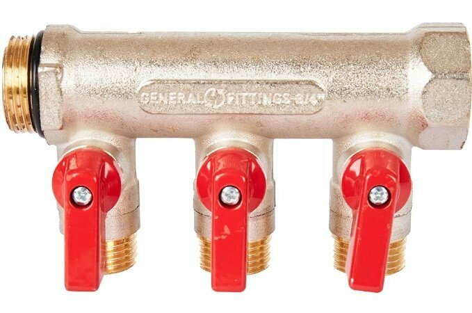 STOUT 3/4х1/2 Коллектор с шаровыми кранами на 3 выхода (красные ручки) с уплотнительным кольцом