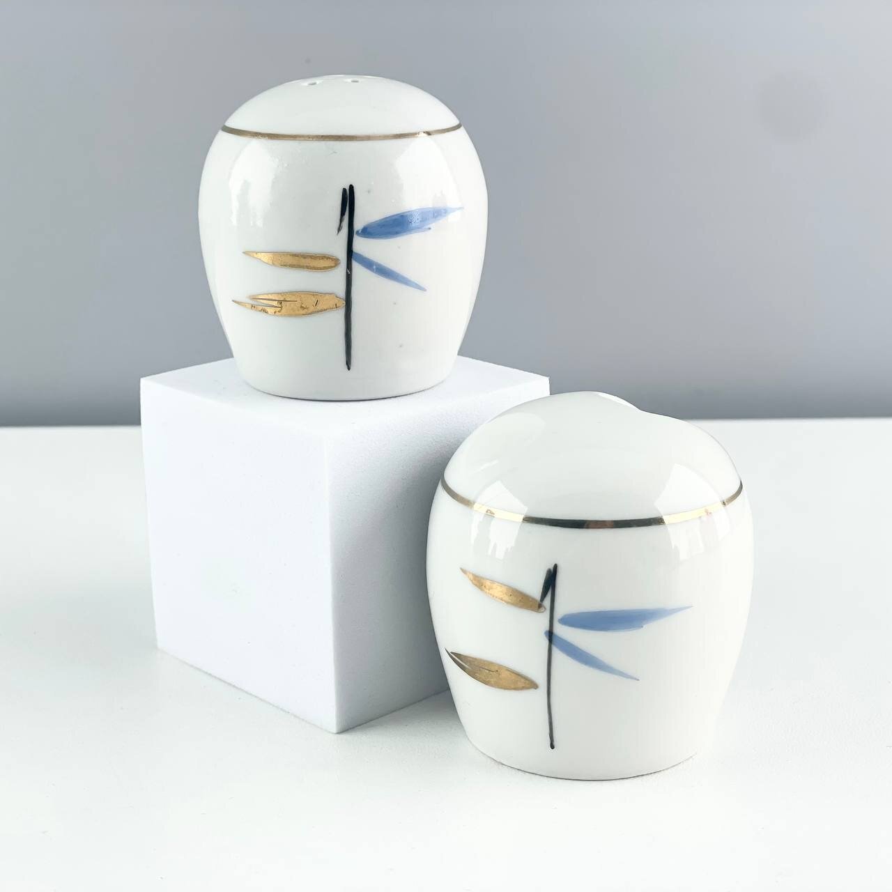 Винтажный набор для специй "Листья". Советский минимализм. Фарфор. СССР, 1970-е.