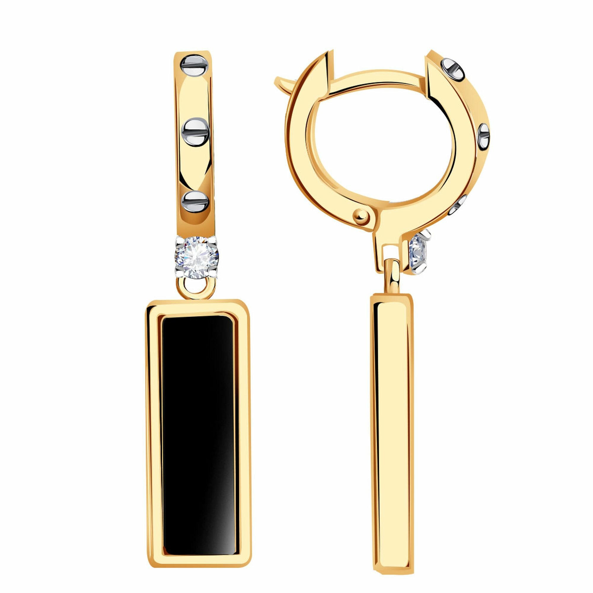 Серьги, красное золото, 585 проба, фианит, оникс