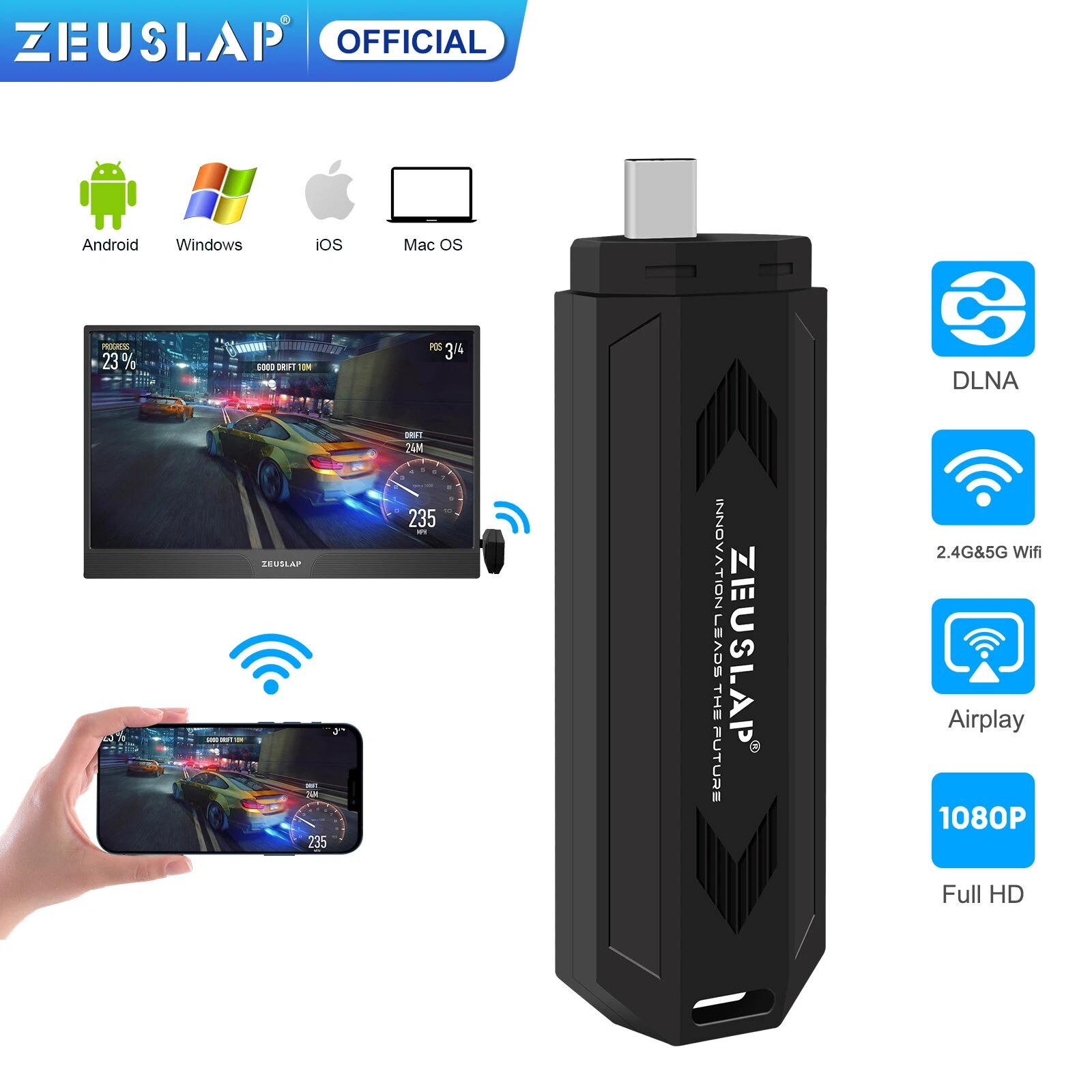 ZEUSLAP Thunderbolts Type C 1080P Беспроводной Wi-Fi Дисплей ТВ-ключ Приемник Miracast Airplay DLNA для портативного монитора