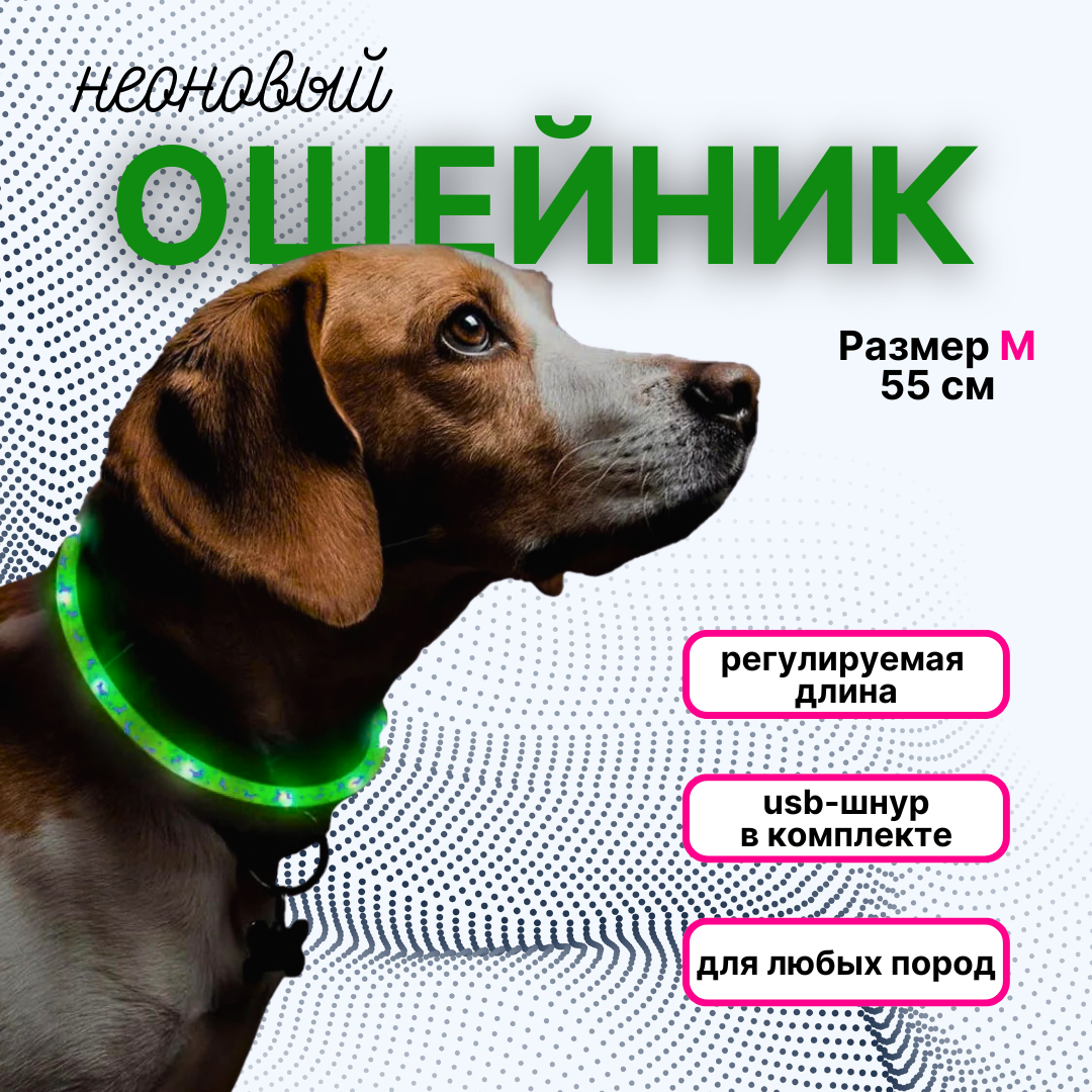 Ошейник для собак/ светящийся ошейник/ собачий ошейник LED 55 см с принтом зеленый, ZOOWELL