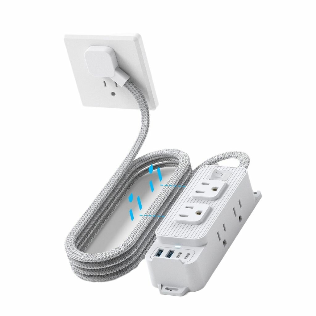 Полосы электроэнергии США с 6 розетками 4 USB -порт быстрого зарядки (2 типа C) кабель