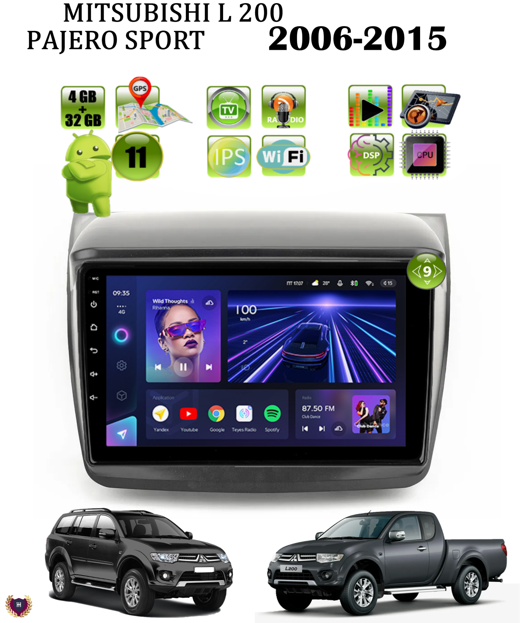 Автомагнитола для MITSUBISHI L200, PAJERO SPORT (2006-2015), Android 11, 4/32 GB, CarPlay, WiFi, сенсорные кнопки, поддержка кнопок на руле
