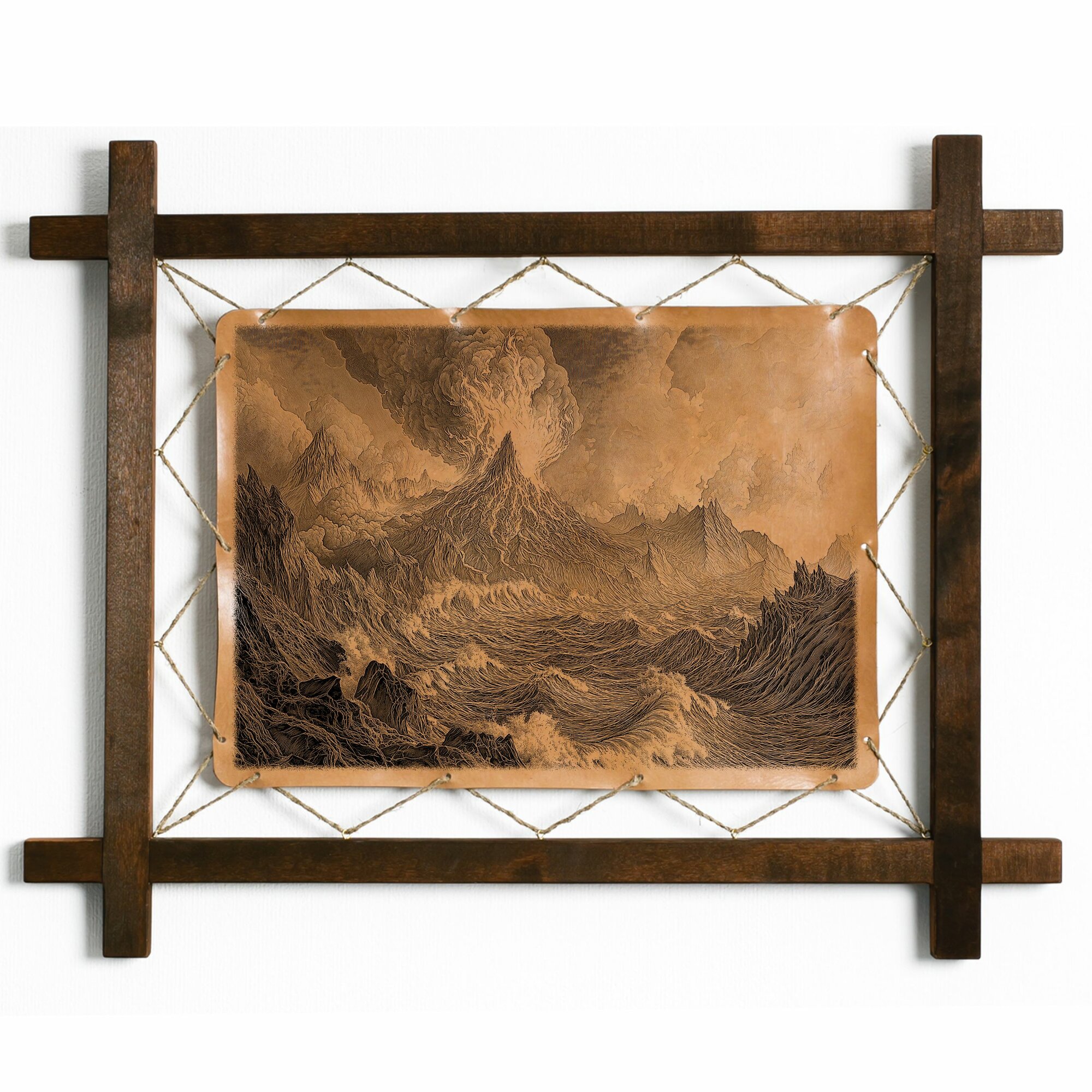 Картина интерьерная, натуральная кожа, "Большой огненный вулкан", в деревянной раме, BoomGift