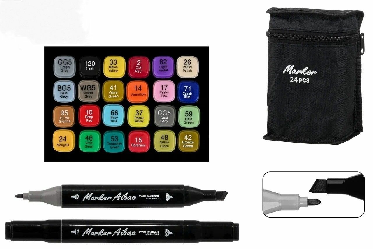 Набор скетч-маркеров Basir 24 шт перманентные 1,0-7,0 мм, черный квадратной корпус, тканевая черная сумка на молнии (155-24)