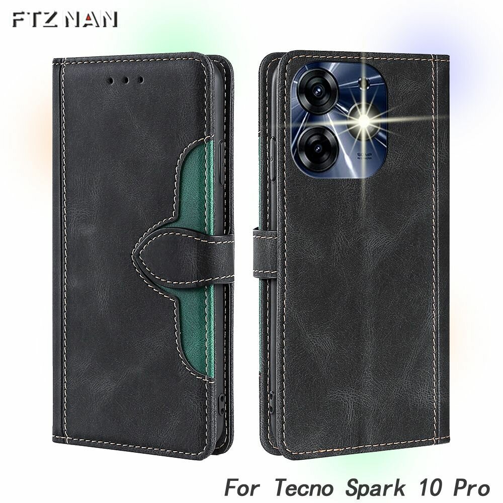 Чехол-книжка с для Tecno Spark 10 Pro/ чехол кожи на Техно Спарк 10 Про, Новый, флипом, противоударный, (черный+зеленый)