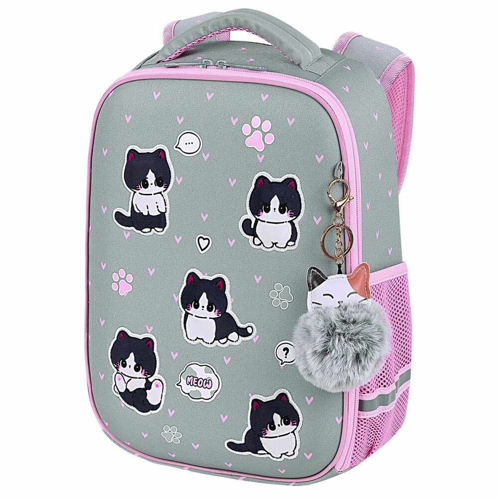 Ранец Brauberg Light, 1 отделение, с брелоком, "Cat patches", плюшевые нашивки, 36х26х13 см
