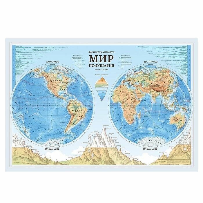Карта настенная Globen Мир Физическая, Полушария 1:37М 101х69 см, на рейках с ламинацией (КН092)