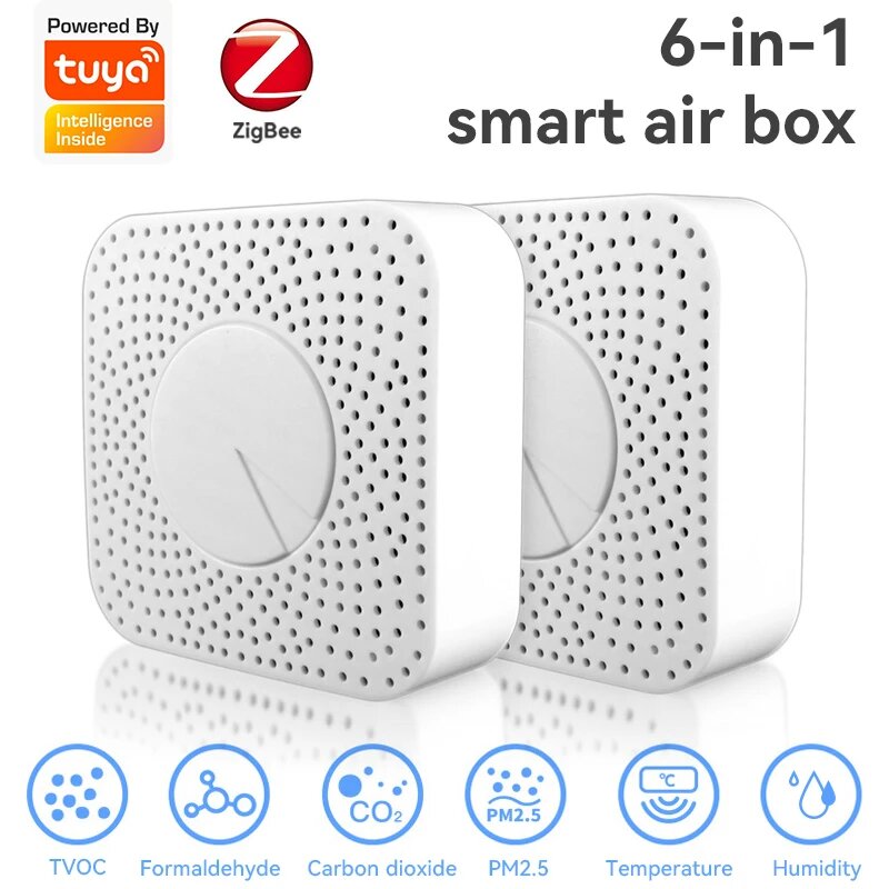 Умный сенсор качества воздуха Tuya Wifi/Zigbee Smart Air Box для измерения CO2, температуры, влажности, детектор газа VOC с приложением, автоматизацией и сигналом тревоги-ZigBee-2 штуки