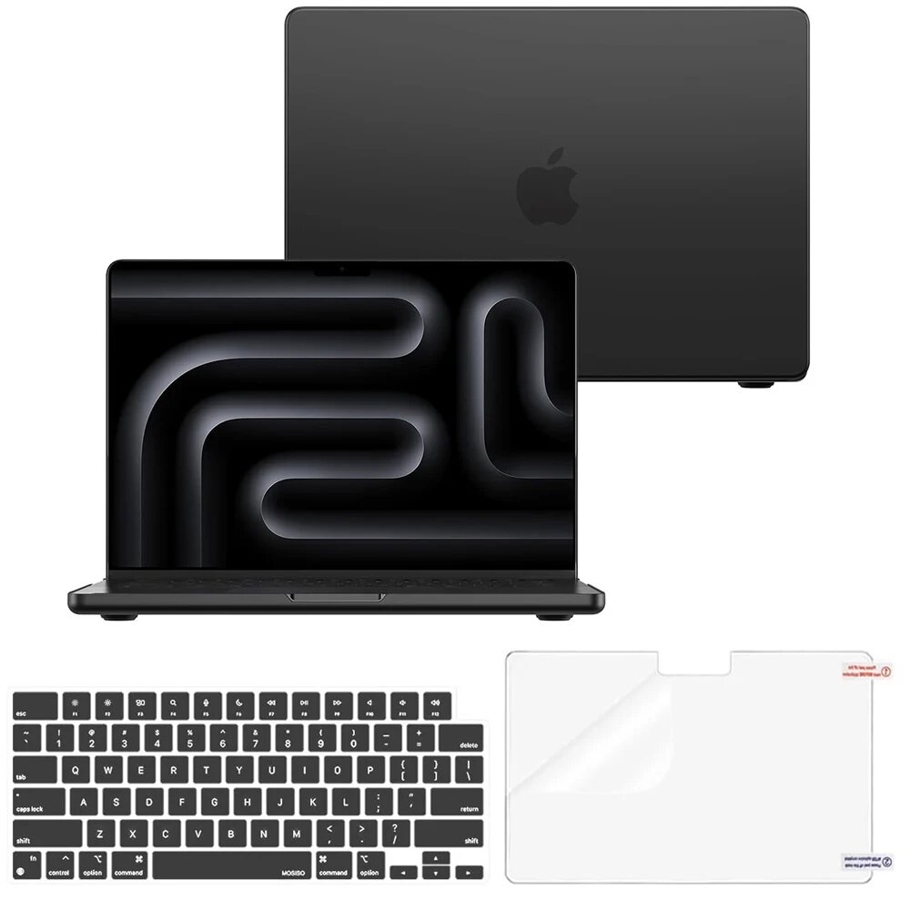 Черный чехол для Macbook Pro 16 M4 M3 M2 M1 с наклейкой на клавиатуру