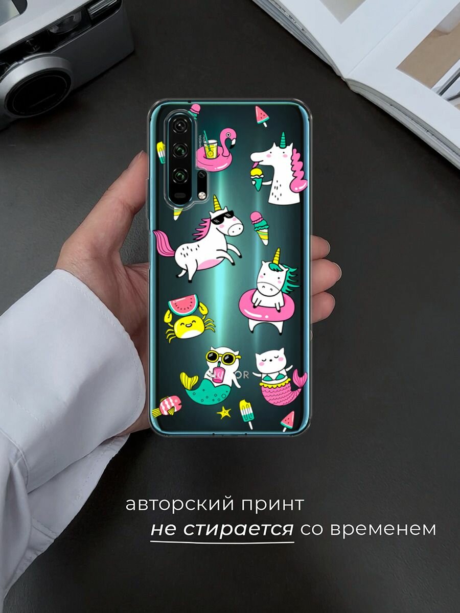 Чехол на Honor 20 Pro / Хонор 20 Про с принтом "Единороги в отпуске", прозрачный — фото 1