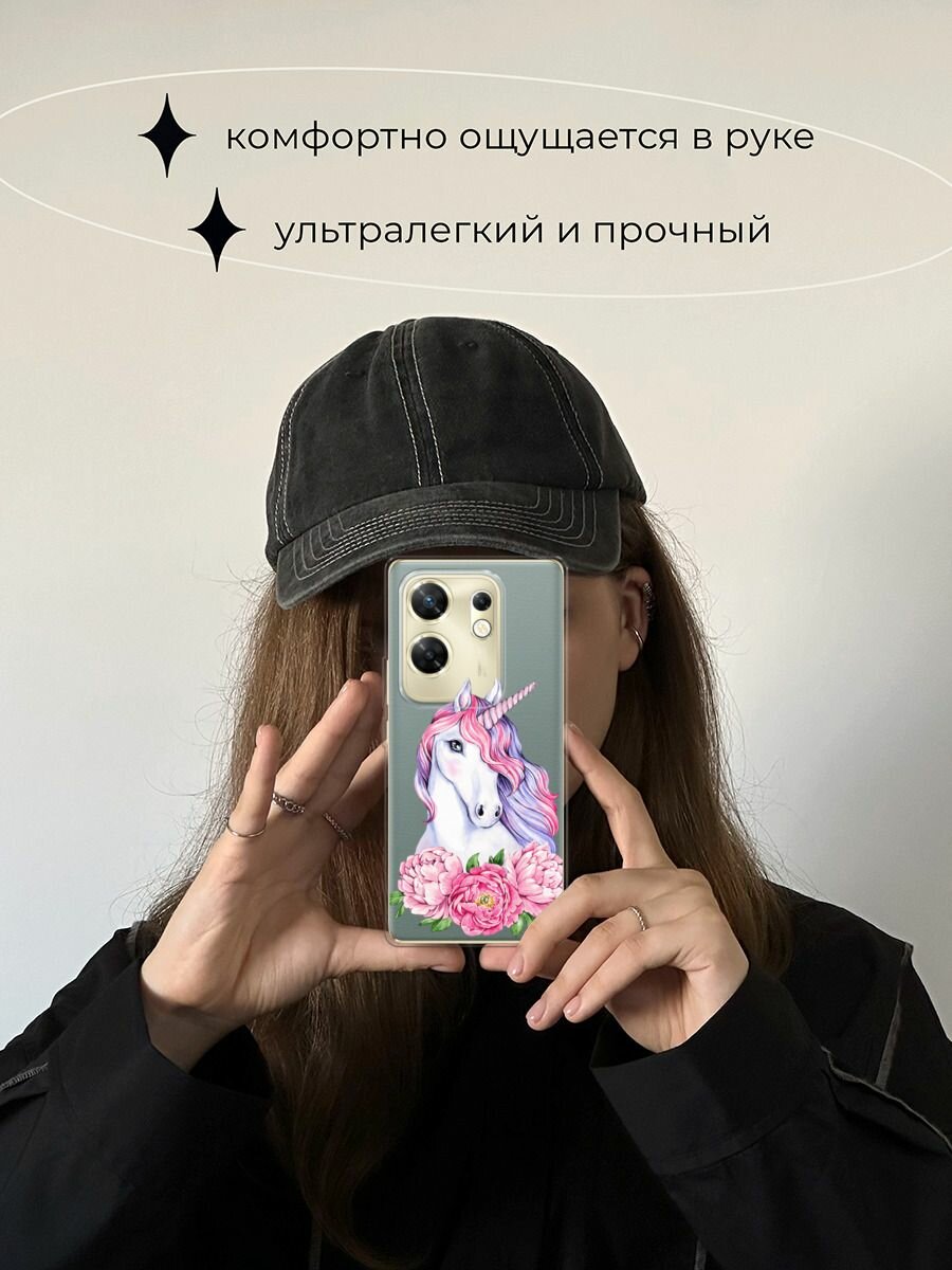 Чехол на Infinix Zero 30 4G / Инфиникс Зеро 30 4G с принтом "Единорог с пионами", прозрачный — фото 1