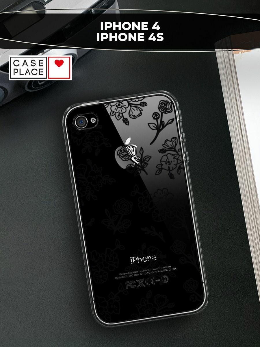 Чехол на Apple iPhone 4/4S / Айфон 4/4S с принтом "Черные розы паттерн", прозрачный