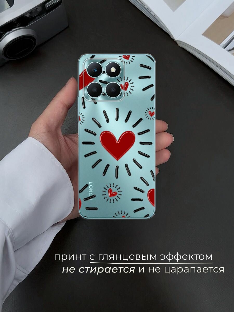 Чехол на Honor X6A / Хонор X6A с принтом "Бордовые сердца паттерн" — фото 1