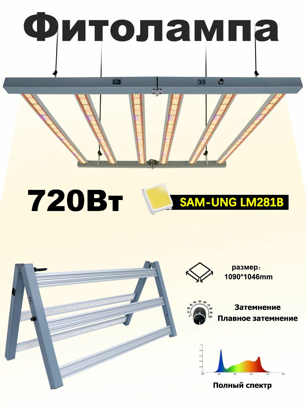 Лампа для растений 720вт 6ряд(квантум борд ), LM281B УФ ИК полный спектр, IP65, Диммируемый, Складной, фитолампа