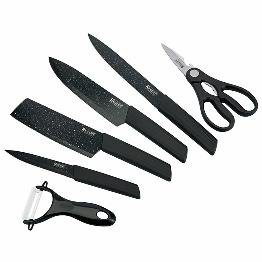 Набор ножей КНР "Linea Notte", 6 предметов, ножи из нержавеющей стали с двухсторонней заточкой, ножницы и овощечистка с керамическим лезвием, ручки из полипропилена с покрытием "soft-touch" (72-206)