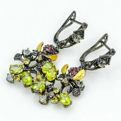 Серьги с подвесками, серебро, 925 проба, чернение, топаз, гранат, перидот