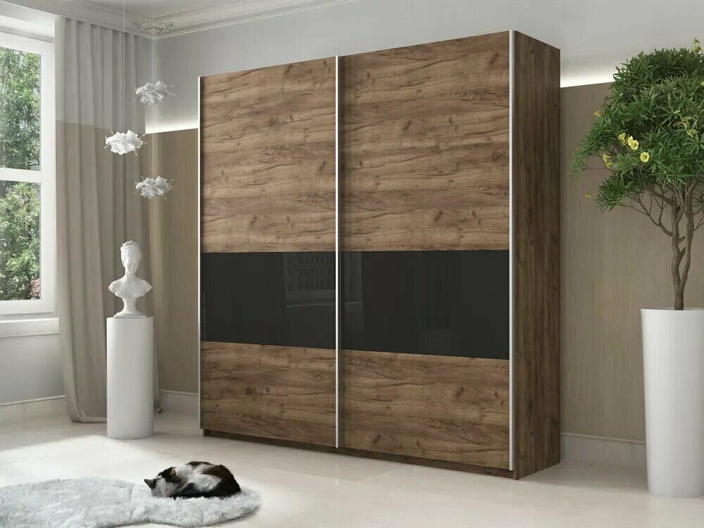Шкаф-купе Прайм 2-x дв 220 x 230 x 57 широкий Лдсп Черное стекло Крафт табачный с доводчиками