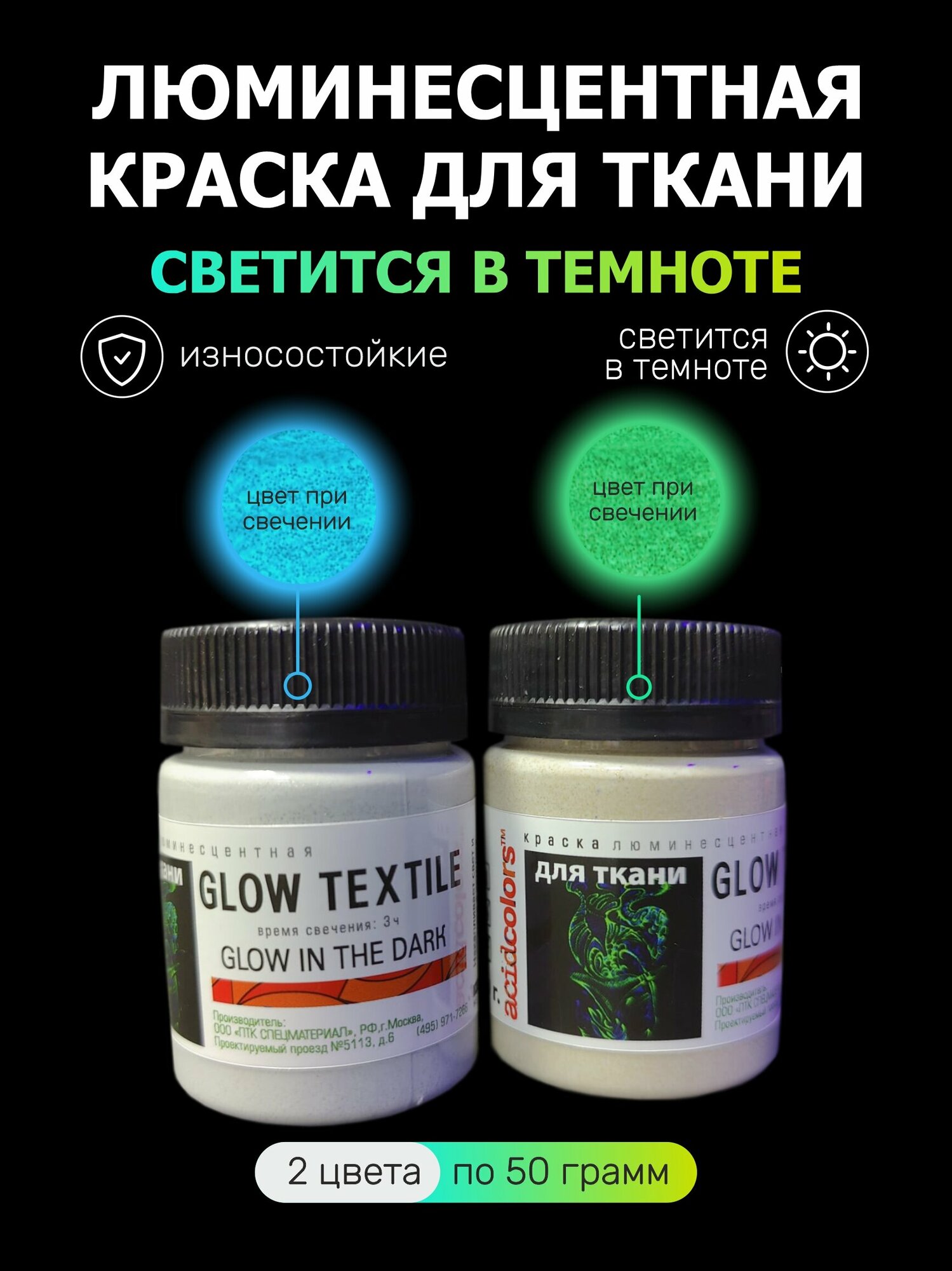 Набор люминесцентных красок светящихся в темноте и ультрафиолете AcidColors TEXTILE для оформления одежды, 50 г х 2 шт
