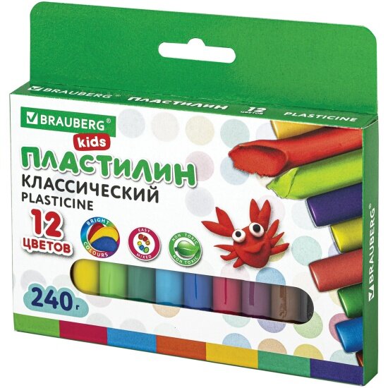 Пластилин Brauberg классический KIDS, 12 цветов, 240 г, высшее качество, 105873