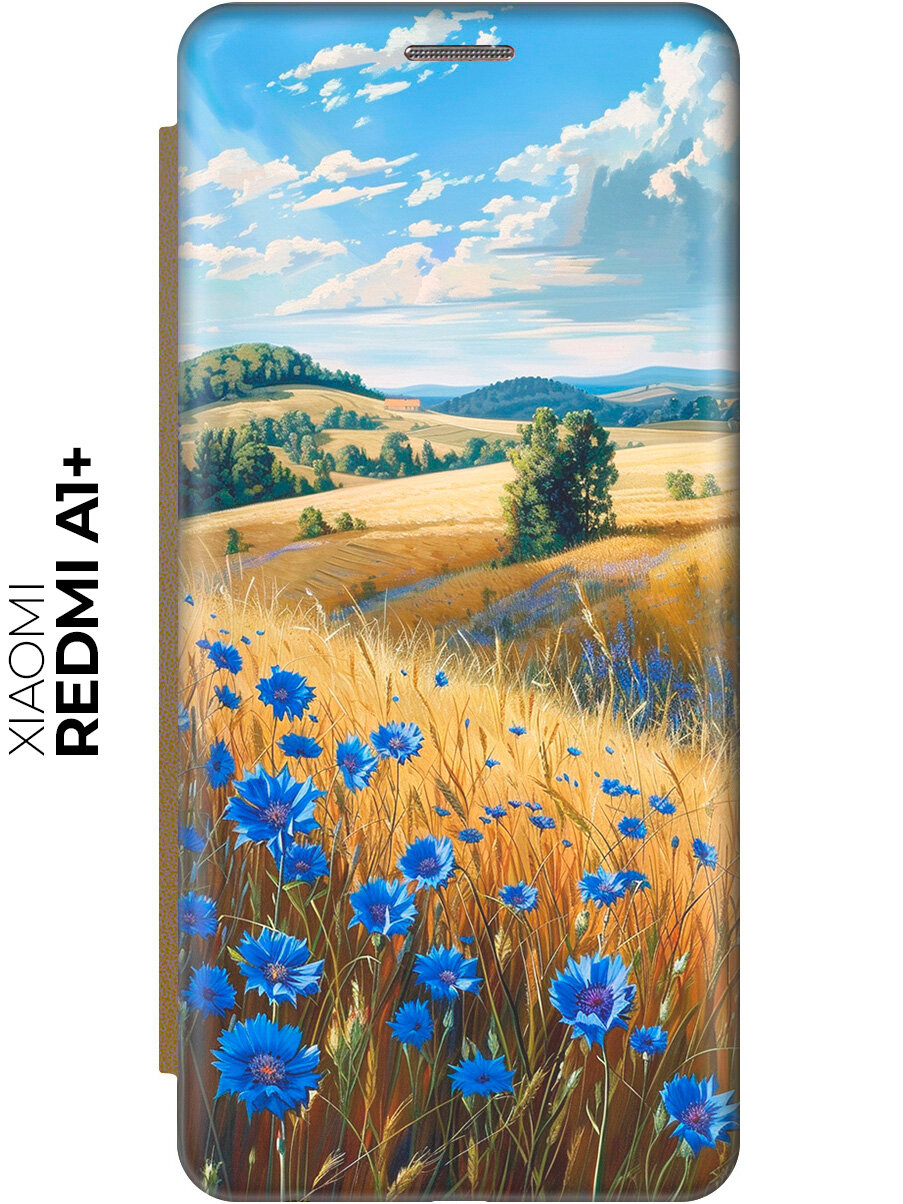 Чехол-книжка на Xiaomi Redmi A1+ / A2+ / Poco C50 / C51 / Сяоми Редми А1 Плюс / А2 Плюс / Поко С50 / С51 с рисунком "Поле васильков" золотой