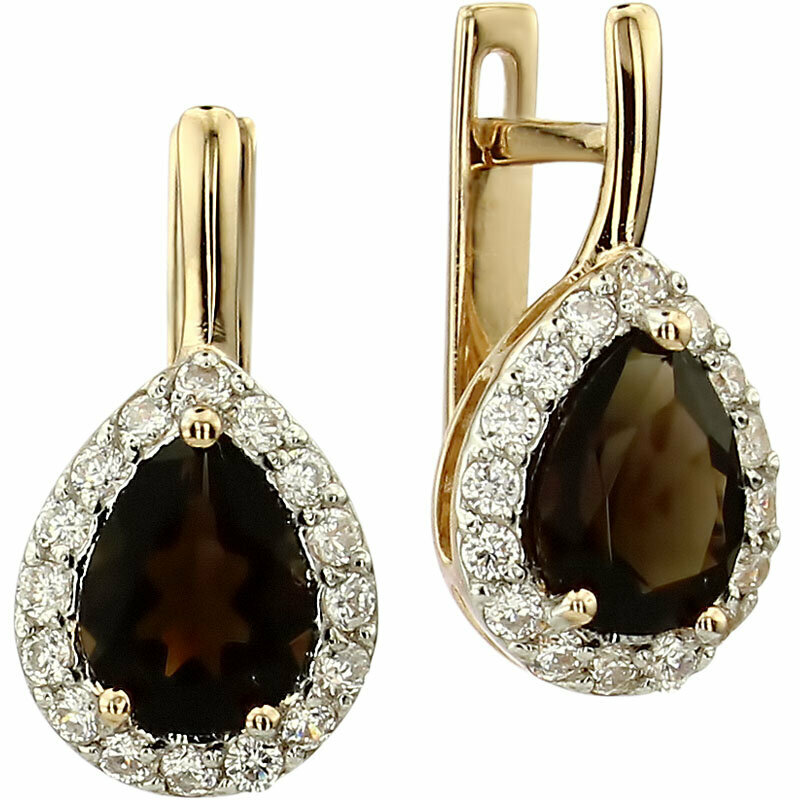 Серьги, красное золото, 585 проба, раухтопаз