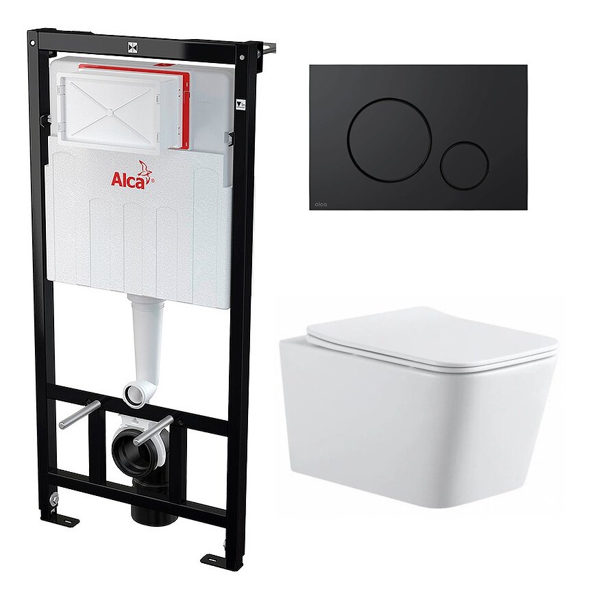 Комплект 3 в 1 инсталляция AlcaPlast + Подвесной унитаз SinteSi BALTI + черная кнопка