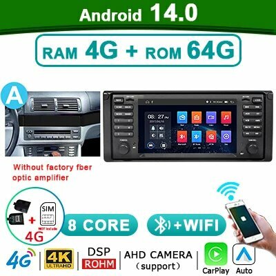 Автомобильный радиоприемник 7 дюймов 2 DIN Carplay Android 14 для BMW X5 E53 5 серии E39 M5 1996-2007 Стерео Android AUTO 4G WIFI Мультимедийный плеер CBL-4G64G-Andr14-A
