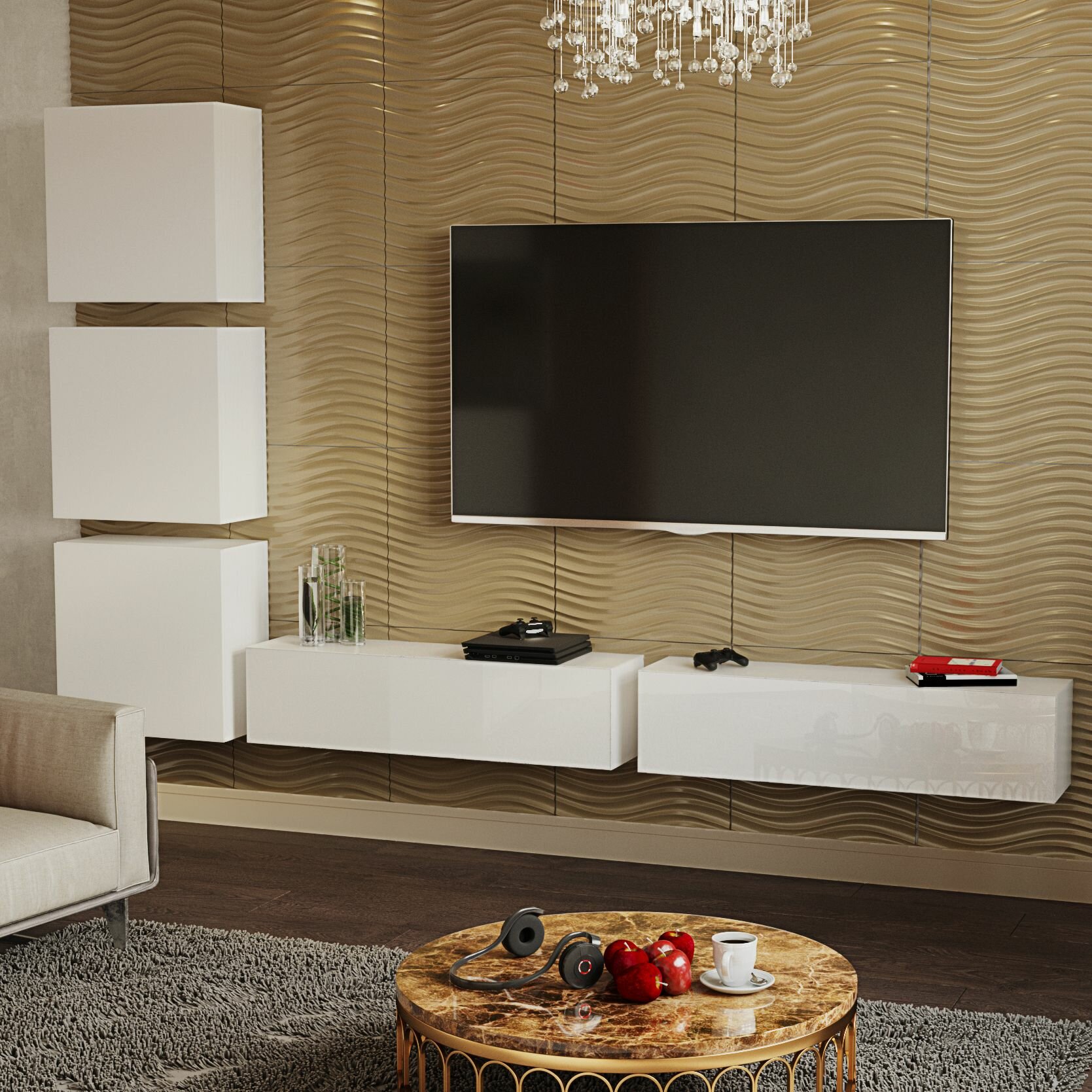 Гостиная Линда от ВНК-Мебель с квадратными и прямоугольными секциями, цвет Белый/Белый лакобель