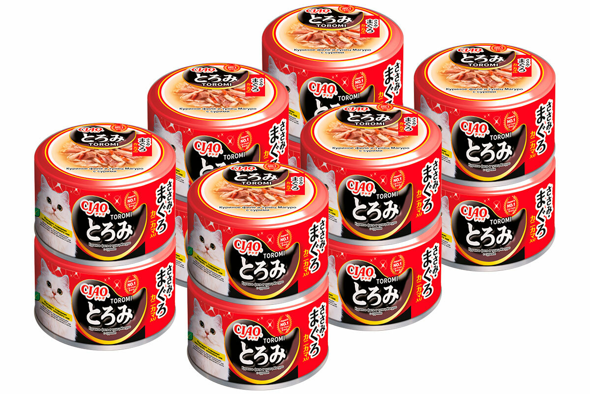 Корм влажный Корм влажный Inaba Ciao Toromi для взрослых кошек, куриное филе, тунец Магуро сурими в бульоне, 80 г х 12 шт